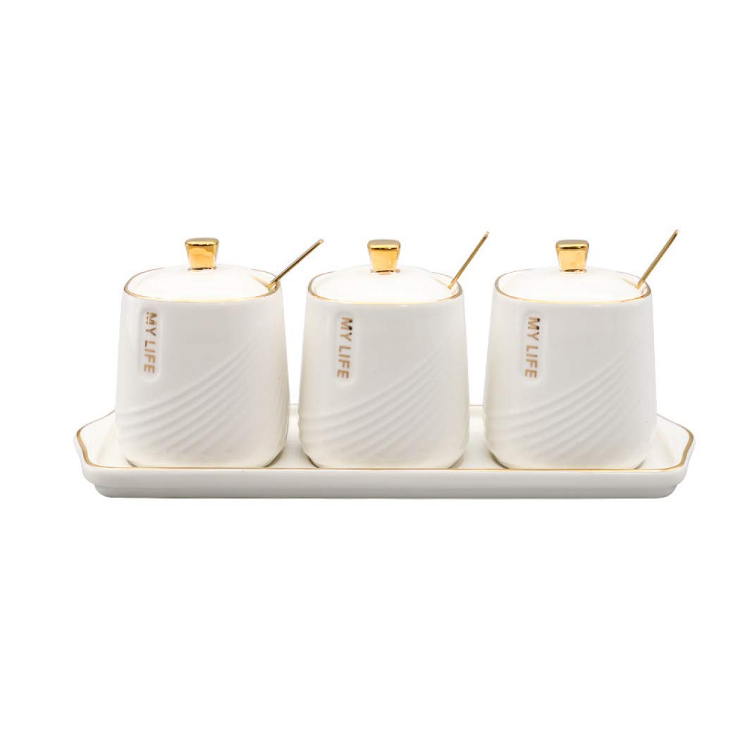 3pcs per Set Ceramic Condiment Pots with Tray, Seasoning Box Condiment Pots, Ceramic Sugar Bowl with Lids and Spoons, Container Spice Jar Salt Cellar for Kitchen (White)