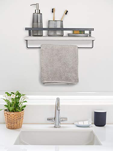 Peter's Goods Rustic Floating Wall Shelves with Rails - Decorative Storage for Bedroom, Bathroom, and Kitchen - Elegant, Modern Shelving - Rustic White Pine Wood, Charcoal Metal Frame - Set of 2