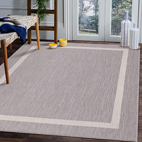 Beverly Rug Waikiki Indoor Outdoor Rug 8x10, Washable Outside Carpet for Patio, Deck, Porch, Bordered Modern Area Rug, Water Resistant, Grey - White