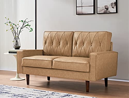 US Pride Furniture Modern Style Faux Leather 57.5ββ Wide with Round Tapered Legs Living Room Loveseat Sofas, Camel