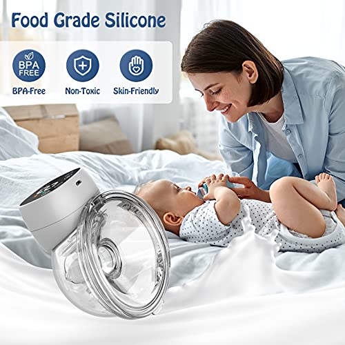 Akaho Wearable Breast Pump, Low-Noise and Painless Hands Free Electric Breast Pump with 3 Mode & 9 Levels, 24mm Default and Come with 6 Flanges (White-Double)