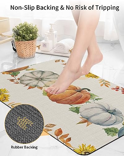 Bath Mat for Bathroom Non Slip Thanksgiving Fall Pumpkin Sunflower Maple Leaves Linen Diatomaceous Earth Bath Mats Highly Absorbent Door Mat Diatom Mud Washable Bathroom Mat for Tub Shower 18x30 Inch
