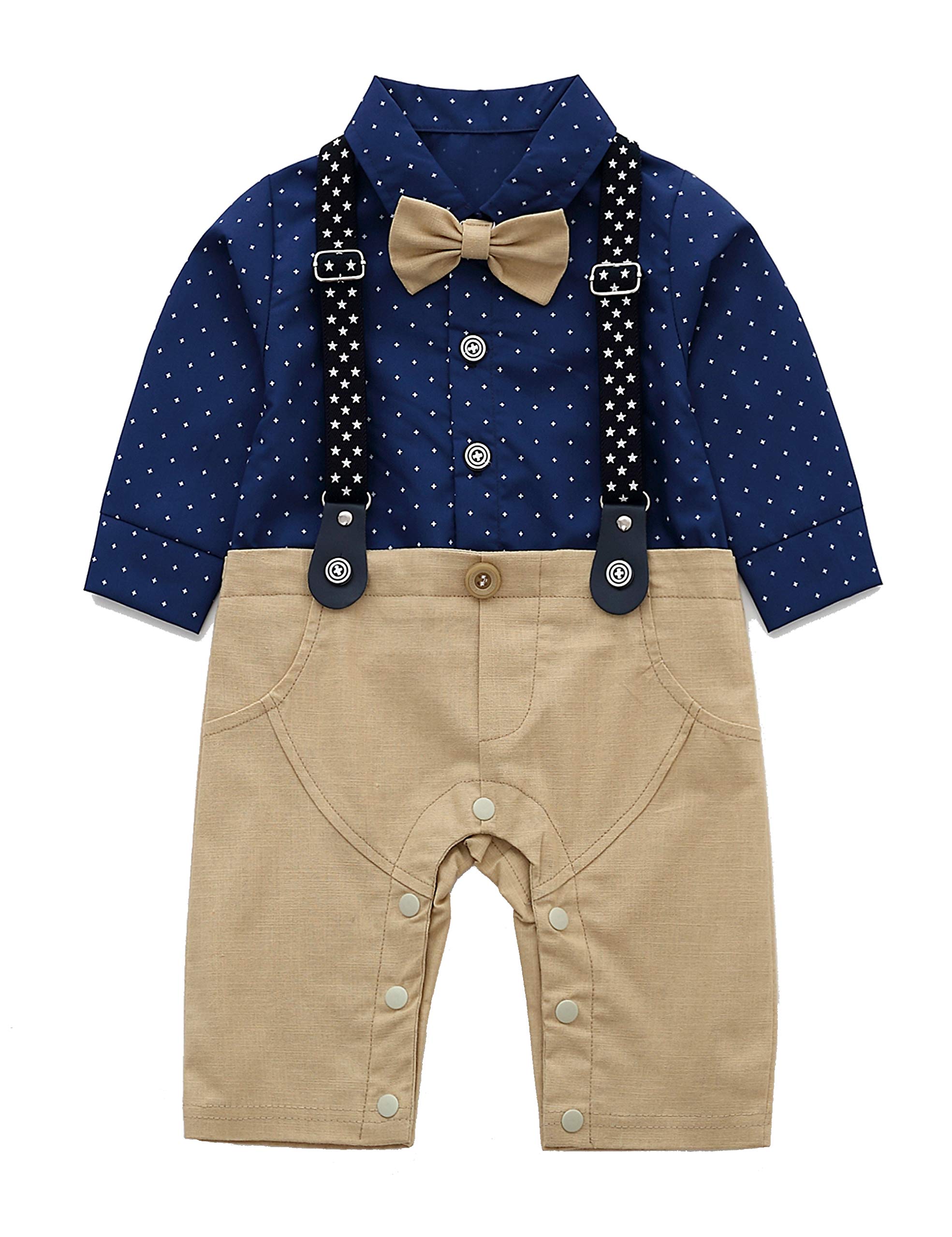 HeMarIsle Baby Boy Long Sleeve Gentleman Blue Shirt Bowtie Tuxedo Suit Onesie with Suspenders Dressy Clothes (Blue2190, 0-3 M)