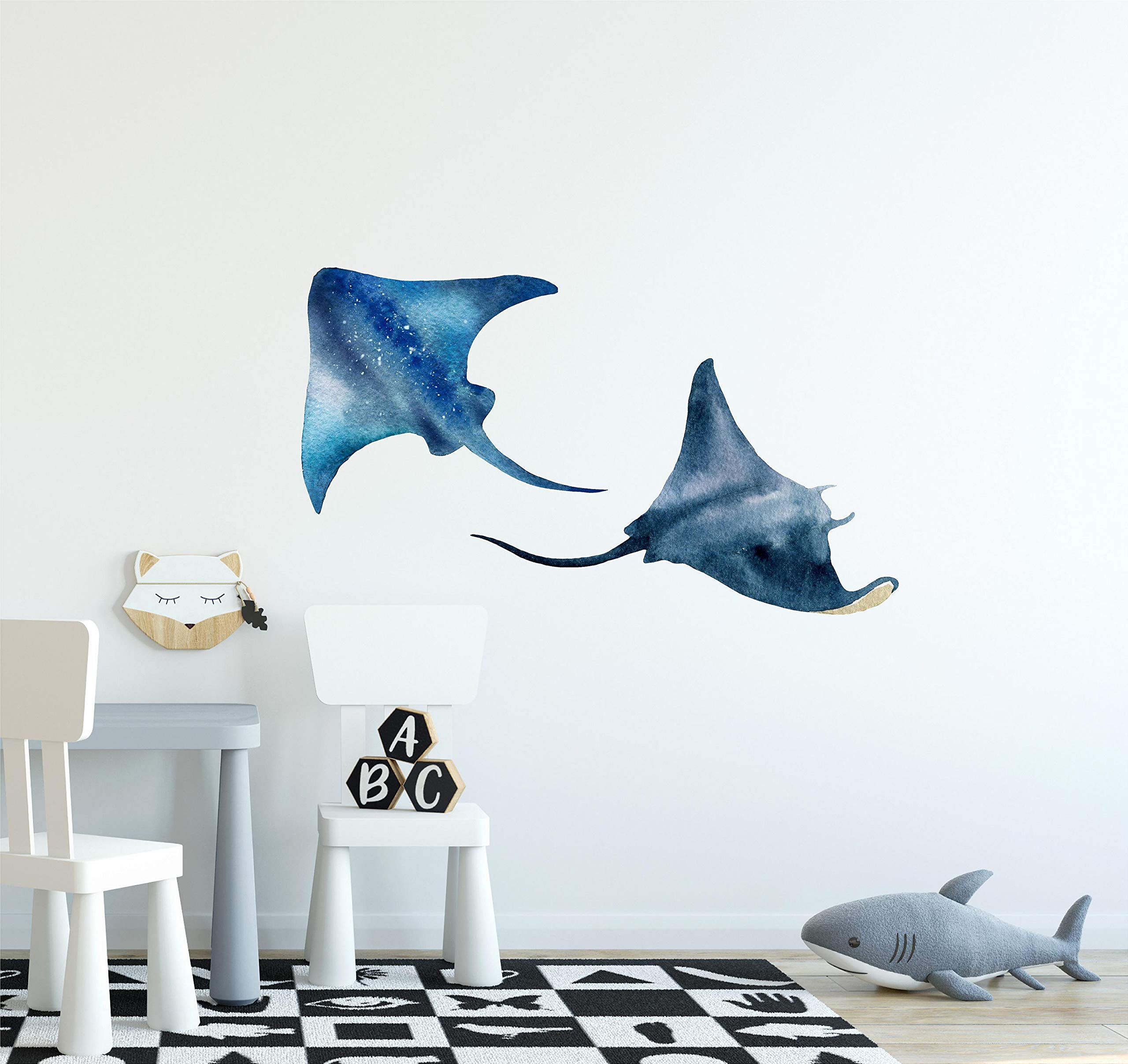Watercolor Navy Blue Stingrays Wall Decal Sea Ocean Stingray Wall Sticker Removable Fabric Vinyl for Nursery Decor by Decalbaby