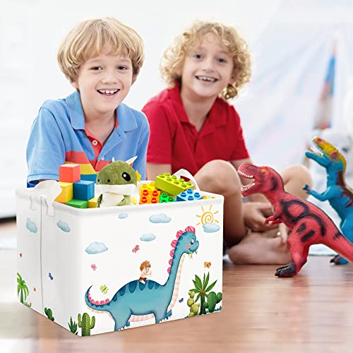 Clastyle Blue Dinosaur Baby Playing Trees Shelf Basket for Kids Room Butterflies Clouds Rectangle Book Toy Clothes Cube Storage Basket, 36L
