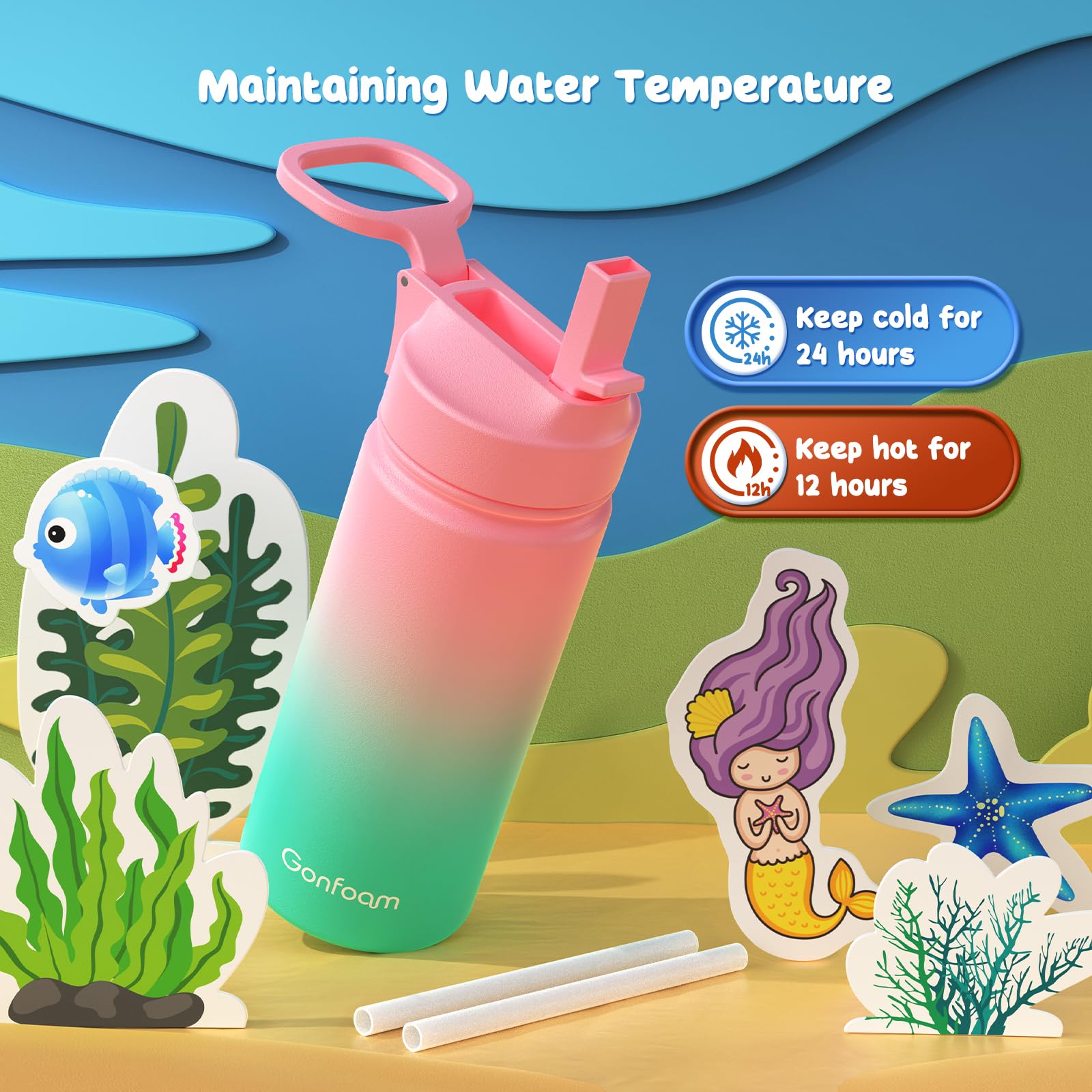 Kids Water Bottle, 16oz Kids Water Bottle with Stickers for School(Pink/Green)