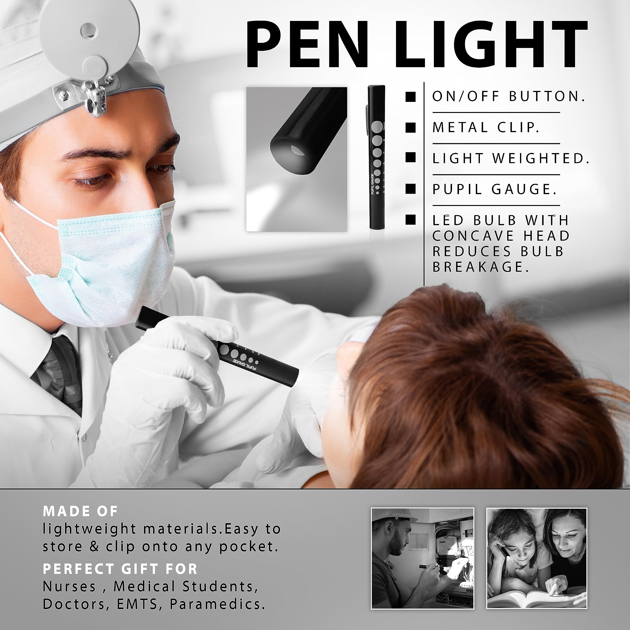 DEXSUR Pupil Gauge Penlight, Lightweight and Moulded Plastic Body, Clip-on Design, Disposable, Pack of 6 Pcs, Black