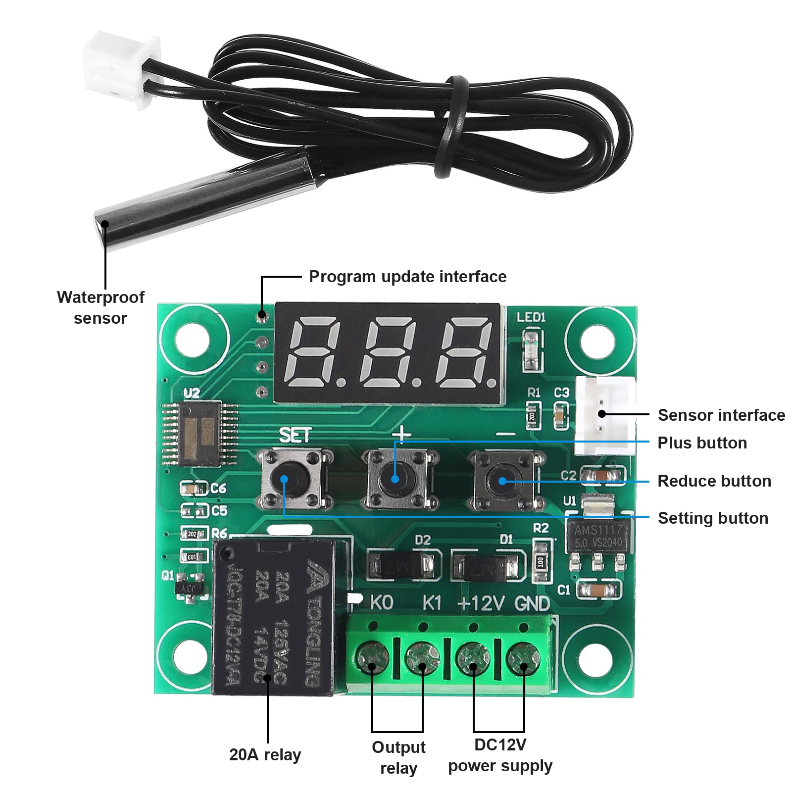 AEDIKO W1209 DC 12V Digital Temperature Controller Board Blue Digital Display Thermostat -50-110°C Electronic Temperature Temp Control Module Switch with Waterproof Case (1-Pack)