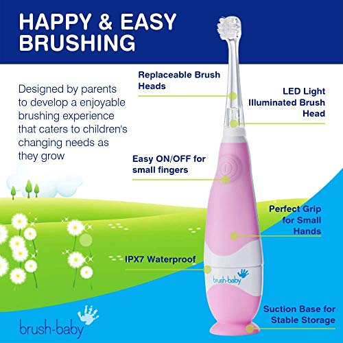 brush-baby BabySonic Infant and Toddler Electric Toothbrush for Ages 0-3 Years - Smart LED Timer and Gentle Vibration Provide a Fun Brushing Experience - Includes 2 Sensitive Brush Heads (Pink)