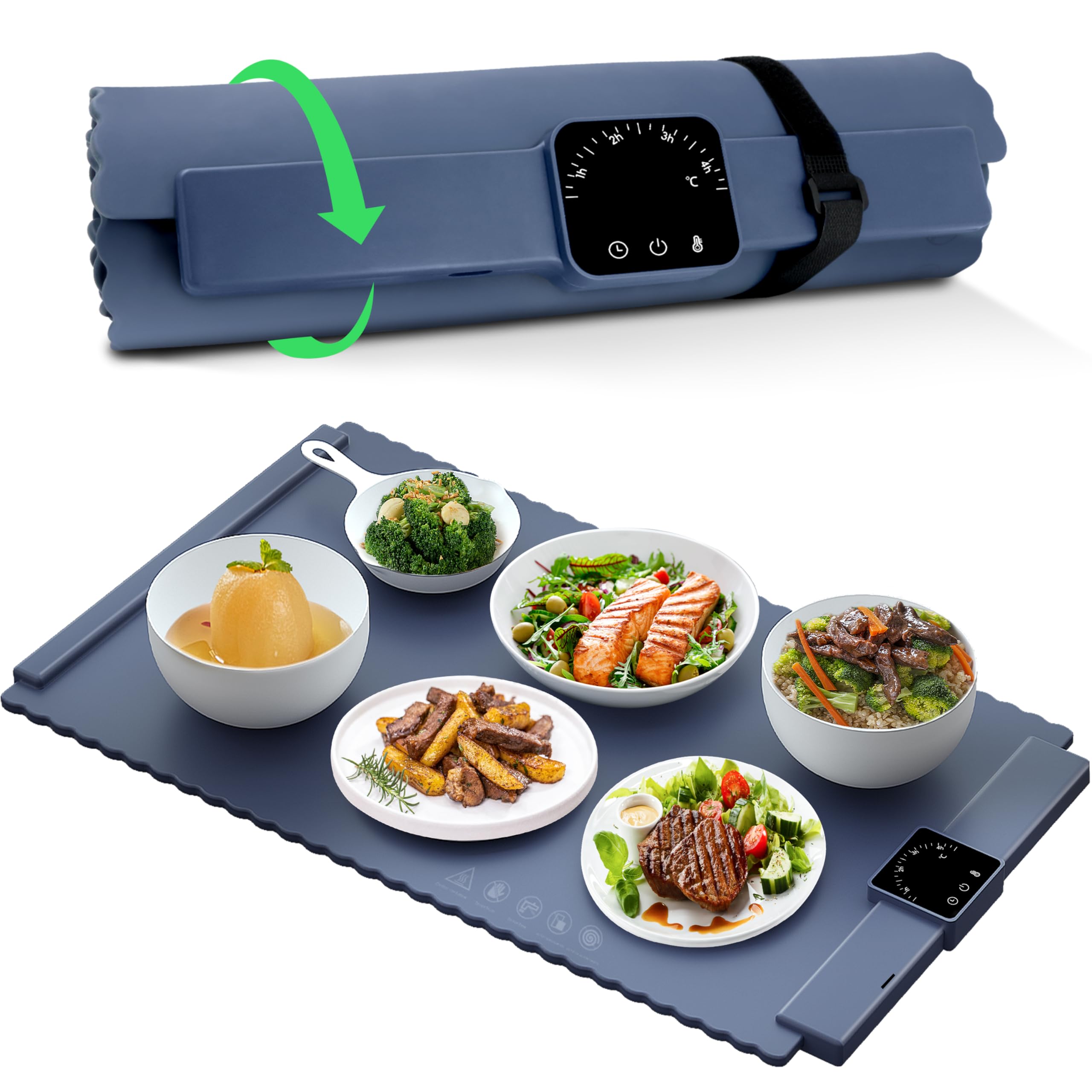 AGEETXT Electric Warming Tray, Full Surface Heating,Portable,Silicone Nano-Material Heating mat for Food,5 Temperature Settings,Auto Shut-Off Versatile Food Warmer for Gatherings,Parties, Family Blue