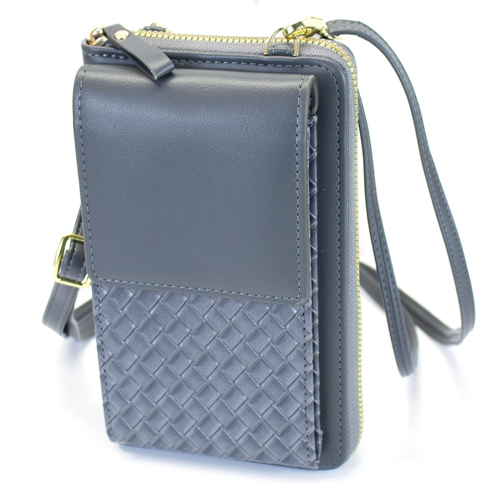Small Crossbody Bag Phone Purse Handbag Card Zip Wallet Case Woven Leather Casual Daypack Satchel for Women(Morandi Grey)