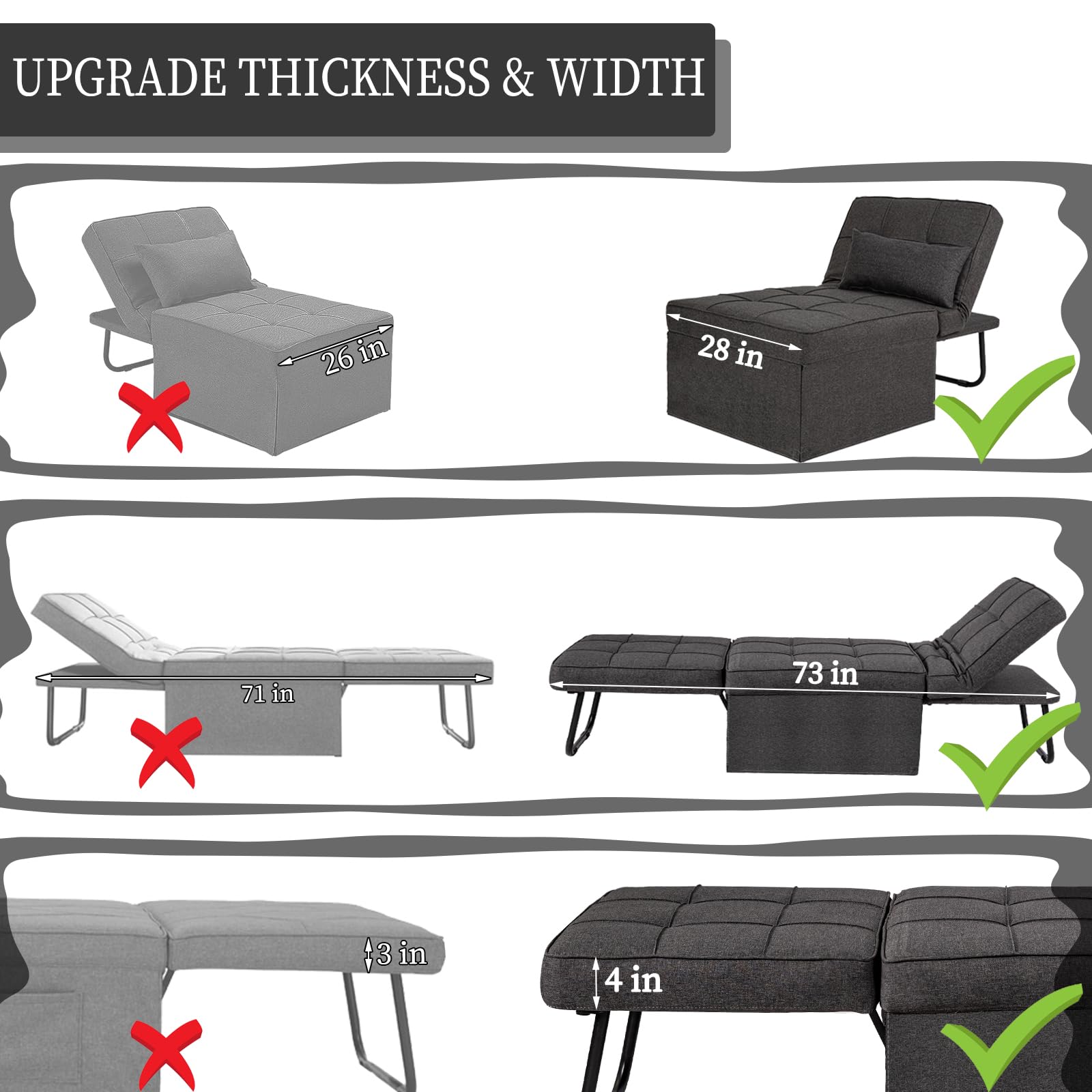 FHFO 4 in 1 Ottoman Bed Sleeper Chair Bed Folding Ottoman to Bed Chairs Breathable Linen Sofa Bed with Adjustable Backrest Pillow for Living Room Apartment Office, 28β Width, Dark Grey