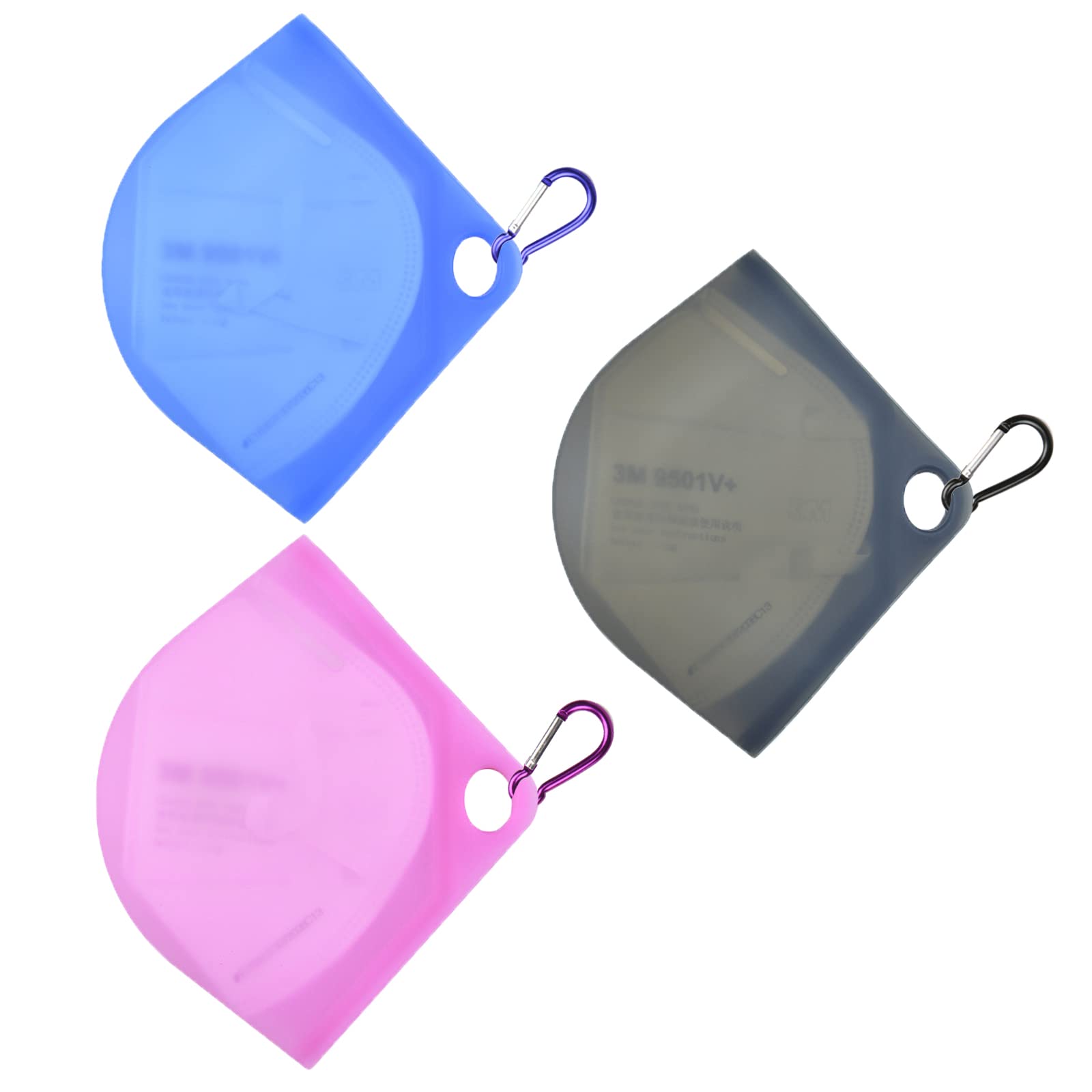 3PCS Silicone Face Mask Storage Bag with Hooks, Waterproof Storage Case with Mouth Opening Design, Lightweight Portable Carrying Case, Black&Blue&Light Purple