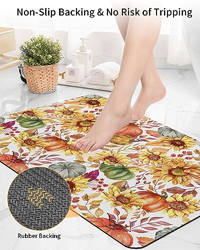 Bathroom Floor Shower Mat, Non-Slip Small Rugs - Easy to Clean, Thanksgiving Pumpkin Sunflower Fall Durable Bath Rug 24"x36" Washable Quick Dry Diatomaceous Earth Mats for Bathtubs