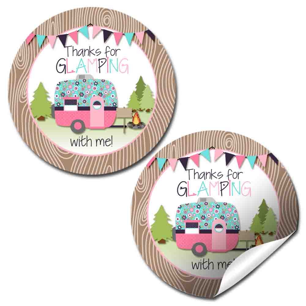 Glamping, Glamorous Camping Girl Birthday Party Thank You Sticker Labels, 40 2" Party Circle Stickers by AmandaCreation, Great for Party Favors, Envelope Seals & Goodie Bags