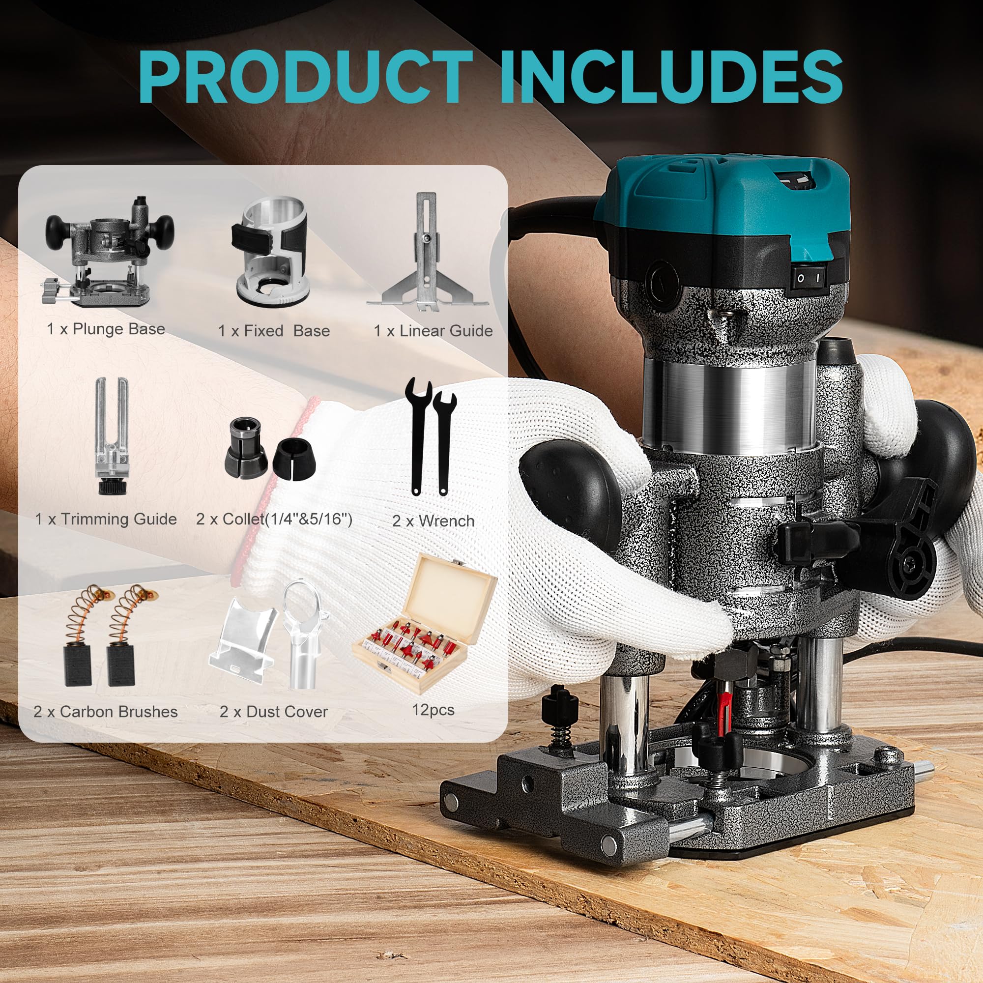 4 in 1 Wood Router Tool,1.25-HP Compact Router 6 Variable Speed, with Plunge Router & Fixed Base,12-Piece Router Bits Set