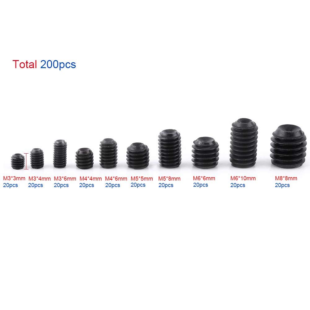Screw Cup Assortment, Alloy Steel Hex Socket Head Grub Set Screw Cup Point Assortment Kit Insert Tools M3/M4/M5/M6/M8 200pcs with Box