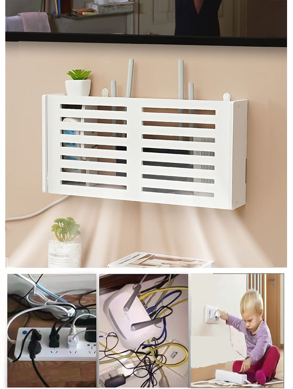 Noviko WiFi Router Modem Cable Power Plug Wire Storage Boxes Wall Mount Floating Shelf Multi-Function Storage Rack