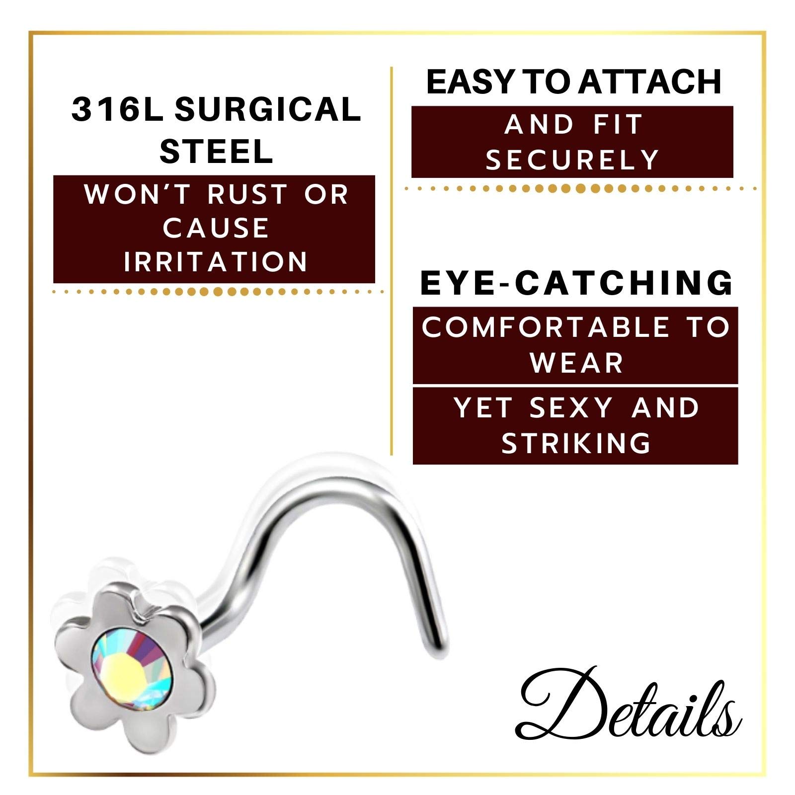 3Pcs Surgical Steel Flower Shaped top 20 gauge 9/32 7mm Stud Nose Ring Screw Piercing Jewelry Aurora Borealis Crystal M6069