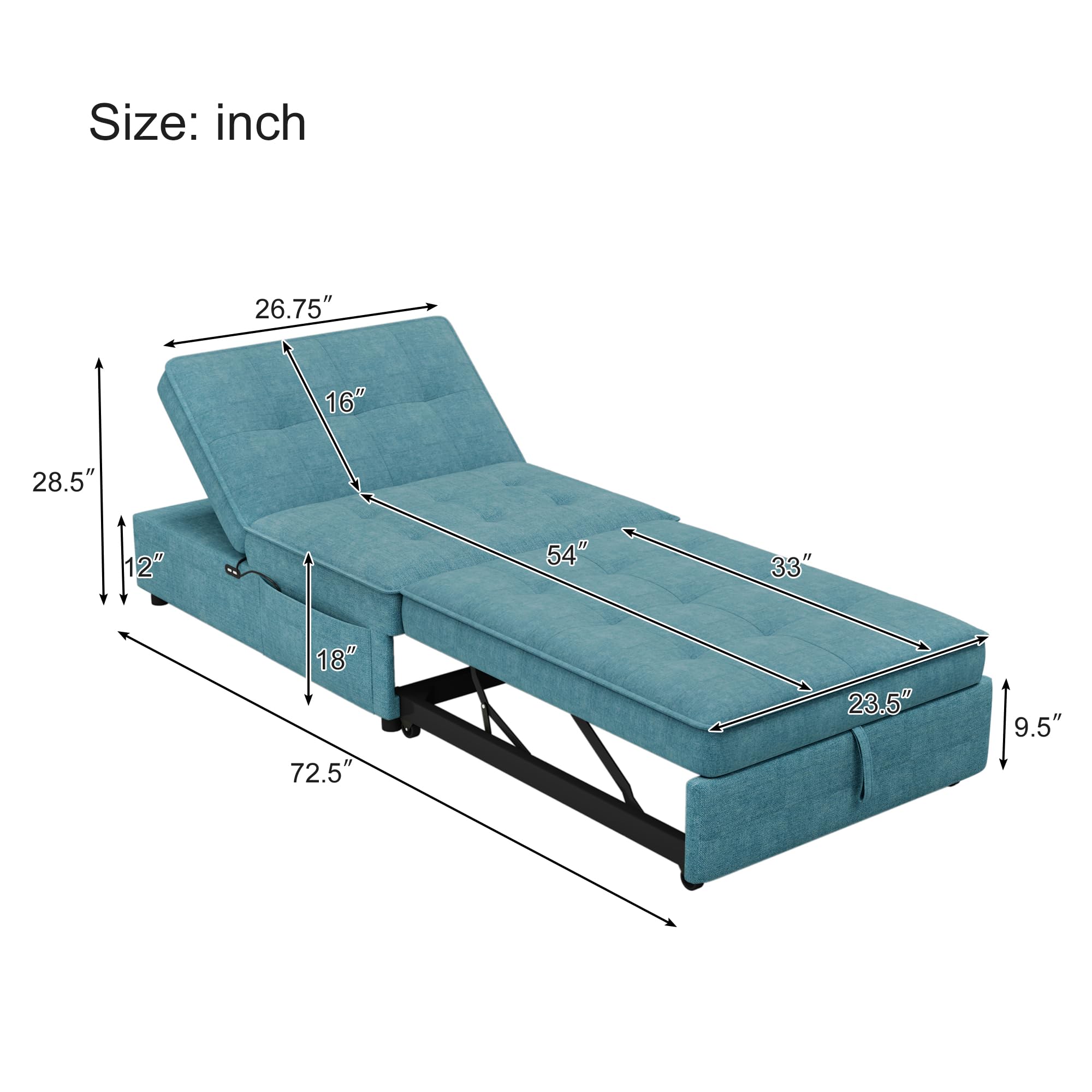 4 in-1 Sofa Chair Bed, Multi-Function Folding Ottoman Bed with Storage Pocket and USB Port for Small Room Apartment,Living Room,Bedroom,Hallway(Teal)