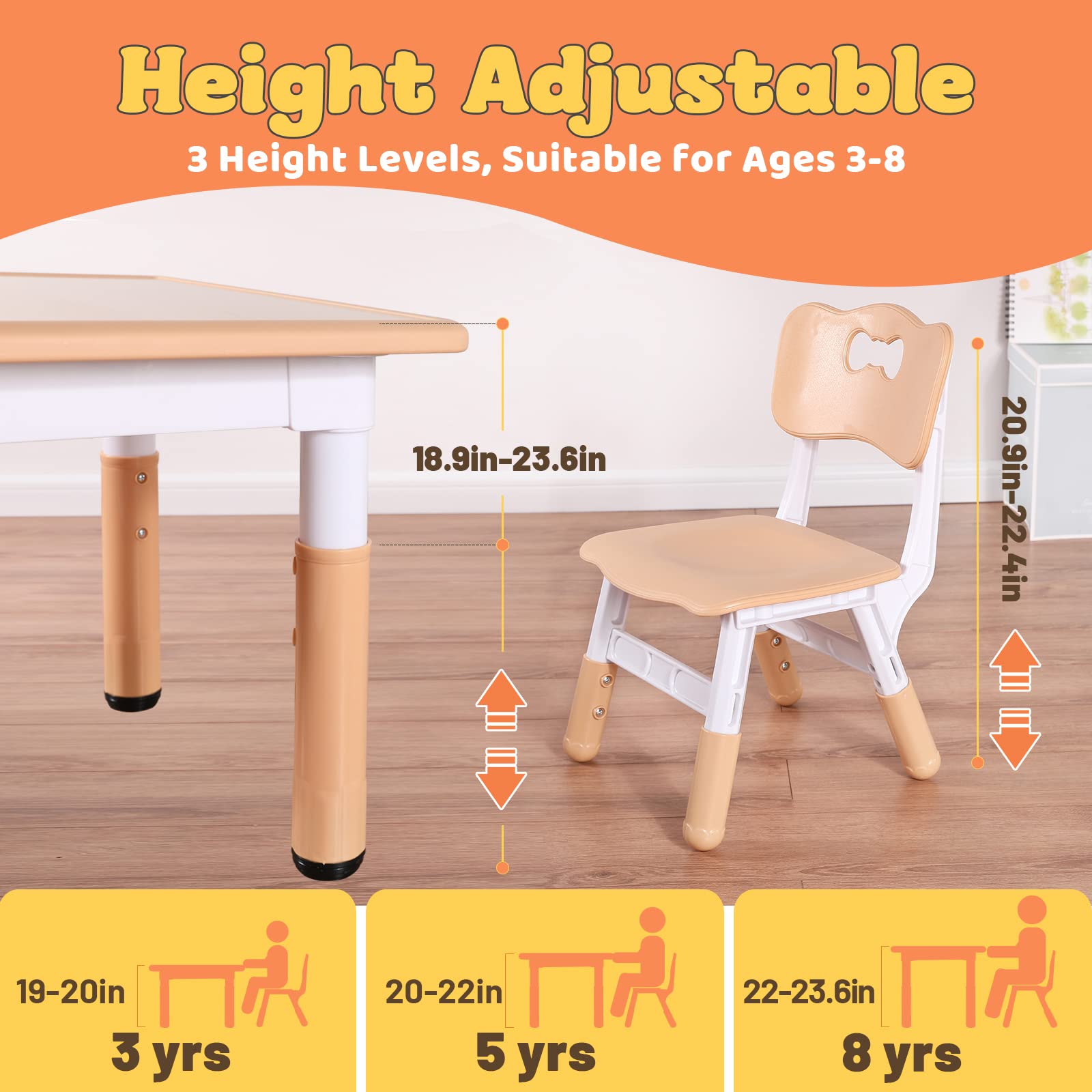 FUNLIO Kids Table and 4 Chairs Set, Height Adjustable Toddler Table and Chair Set for Ages 3-8, Easy to Wipe Arts & Crafts Table, for Classrooms/Daycares/Homes, CPC & CE Approved(5-Piece Set)