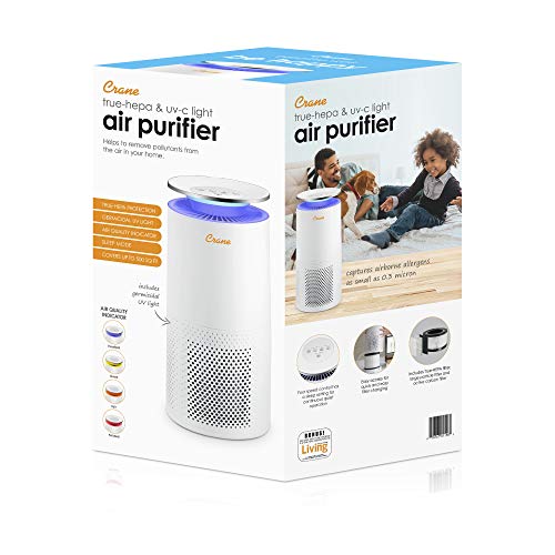 Crane Air Purifier with True HEPA Filter, Germicidal UV Light, 500 Sq Feet Coverage, Timer Function, Sleep Mode, Built in Air Quality Monititor, EE-5069,Blue and White,10.25 Pound