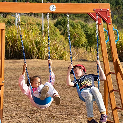 Dolphin Playground Cedar Wooden Swing Sets for Backyard, Outdoor Playset for Kids with Monkey Bar, 2 in 1 Outdoor Table, Wave Slide, Climbing Wall, and 2 Belt Swings, Playground Sets for Backyards