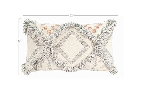 Creative Co-Op Wool Cream Kilim Pillow with Grey Fringe Accents