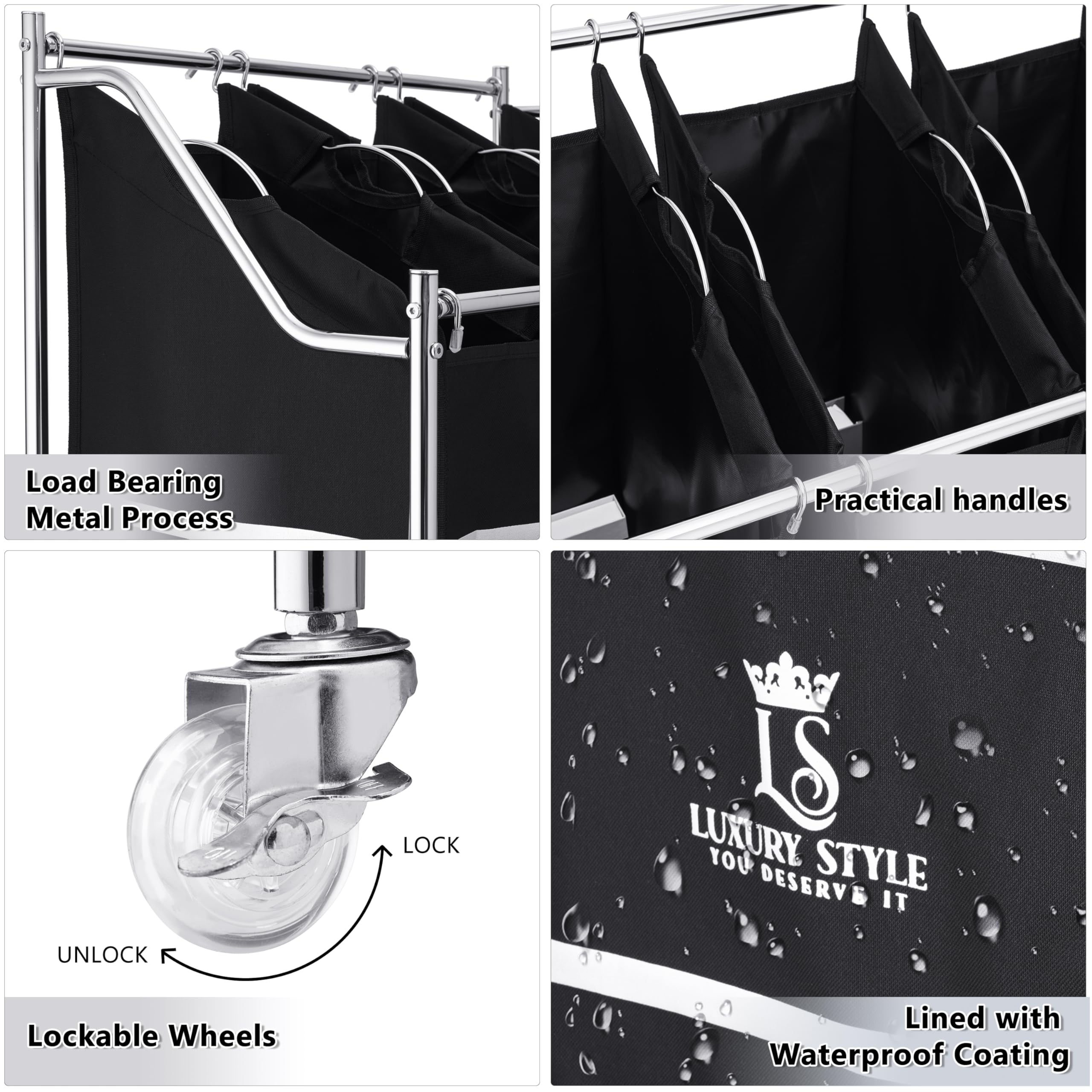 LUXURY STYLE 3- Sections Laundry Sorter, Roling Laundry Cart, Modern Golden Laundry Hamper, 3-Bags Laundry Hamper with Wheels, Laundry Basket, XL Hamper for Clothes, Toys, and Towels (Elegant Silver)
