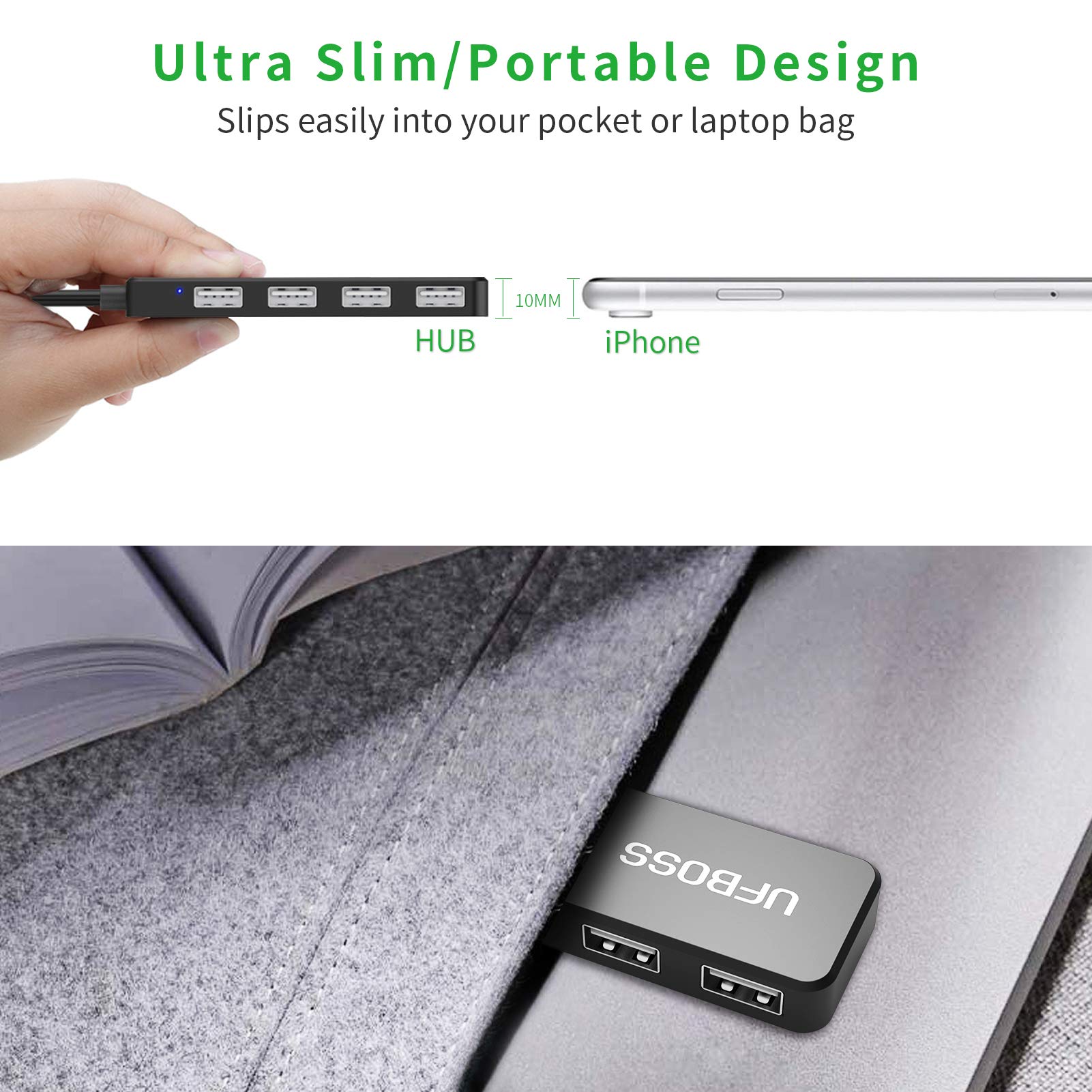 UFBOSS Ultra Slim 4 Port USB 2.0 Data Hub, 1Ft Long Cable USB Splitter for Laptop, Dell, Asus, HP, MacBook Air, Surface Pro, Acer, Xbox, Flash Drive, HDD, Console, Printer, Camera