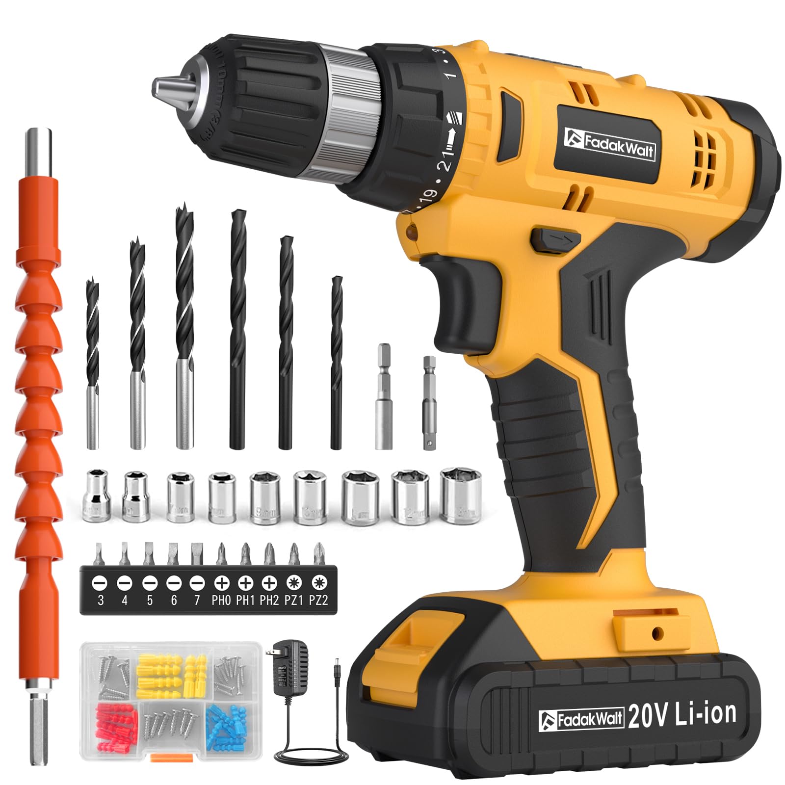 FADAKWALT Cordless Drill Set, 20V Electric Power Drill with Battery And Charger, Torque 30N, 21+1 Torque Setting, 3/8-Inch Keyless Chuck, Drill Driver Bits Kit, with LED Electric Drill Set. (Yellow)