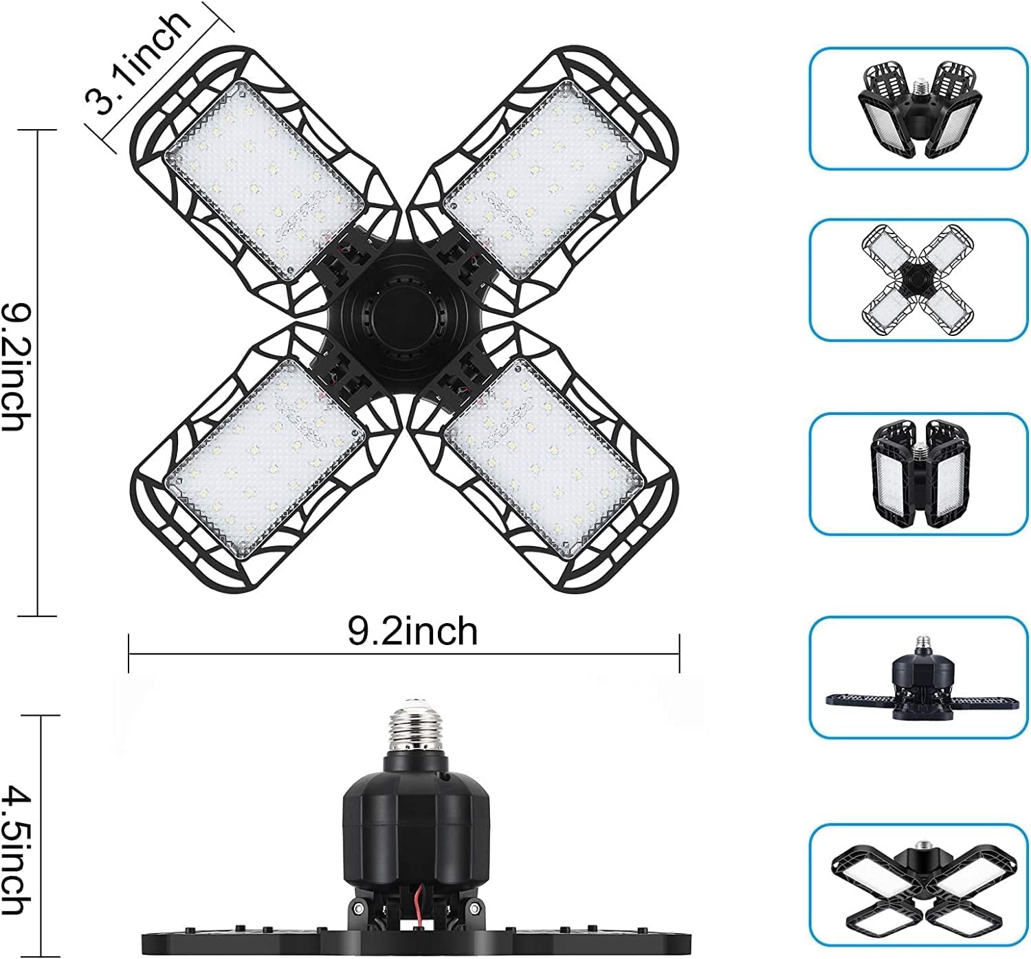 RensanR LED Garage Lights 2 Pack/80 Watts/6500k/4 Panels, Porcelain Lampholder, 4 Adjustable Panels, 9000LM High Lumen Output Super Bright LED Bulbs, E27 Compatible