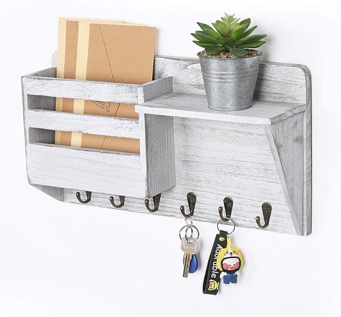 SEHERTIWY Key and Mail Holder for Wall,Wooden Mail Sorter Organizer with 6 Key Hooks & A Floating Shelf, Wall Decorative Key Rack Hangers for Entryway, Storage, Living Room, Hallway, Office
