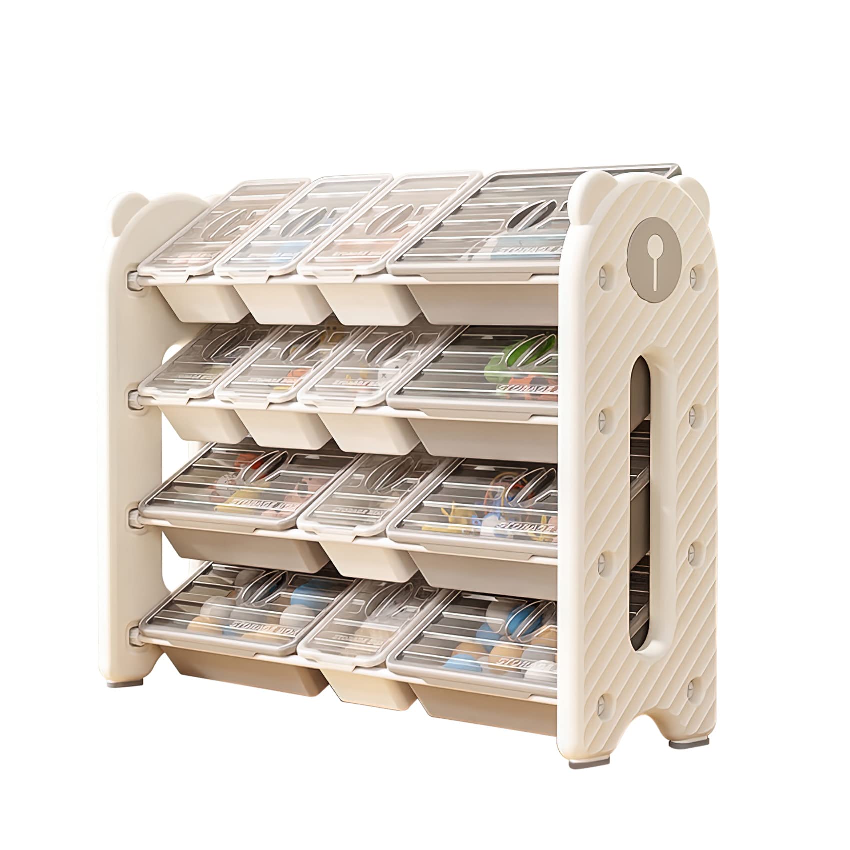 UNICOO Kids Baby Bear Toy Organizer Rack, 14 Bins with Dustproof Storage Cover for Baby Essentials, Kids Toy Box & Toy Bins 4 Tier Large Size (Bear Organizer White)