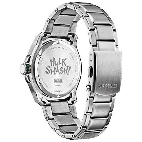 Citizen Eco-Drive Men's Marvel Hulk Stainless Steel Watch, Black and Green Dial, Luminous, 3-Hand Date, 43mm (Model: AW1351-56W)