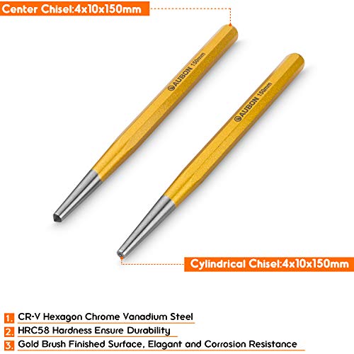 Acrux7 6 Pcs Cold Chisel Set - Flat Chisel, Center Chisel, Cylindrical Chisel, with Canvas Bag, Cone Chisel for Brickwork, Concrete, Metal, Stone