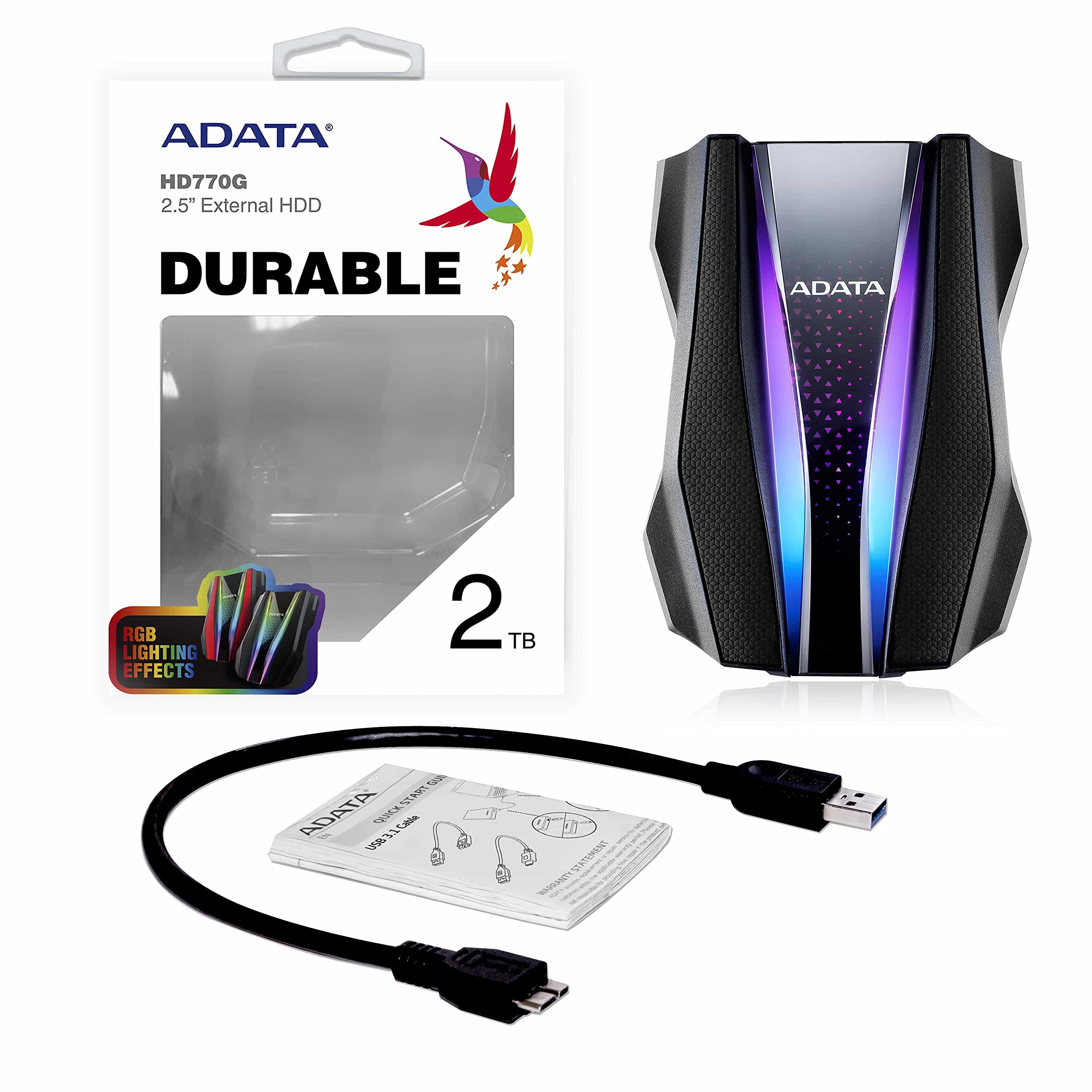 ADATA HD770G 2TB RGB USB 3.2 IP68 Waterproof Dropproof Dustproof External HDD Black (AHD770G-2TU32G1-CBK)