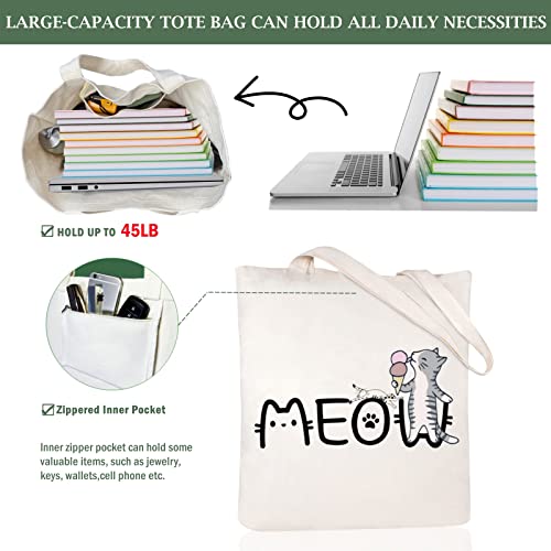 Andeiltech Canvas Tote Bag for Women Aesthetic Cute Cat Shopping Grocery Reusable Bags with Inner Zipper Women Gift