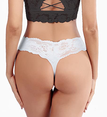 Banamic Lace Underwear for Women Thongs Low Waist Panties Seamless Lace Thongs White