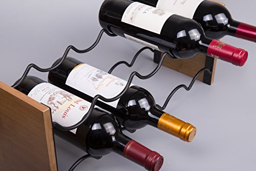 Creative Home Acacia Wood and Black Wire Rack Bottle Holder Red Wine Champagne, Free Standing
