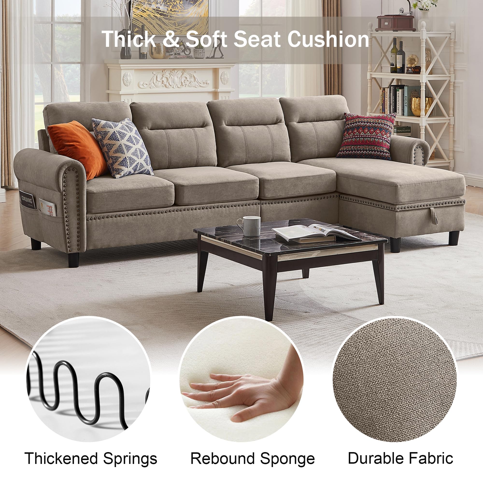 Jarenie 107" Convertible Sectional Sofa, 4-Seat L Shaped Couch with Storage Chaise Lounge and Side Pocket, Modern Linen Fabric Sectional Couches for Living Room(Light Grey)