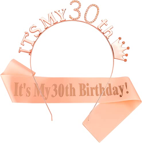 ACO-UINT 30th Birthday Crown for Women, Cute Birthday Sash & Birthday Headband for Women Set, Sweet Birthday Headband 30th Birthday Decorations Birthday Gifts for Women