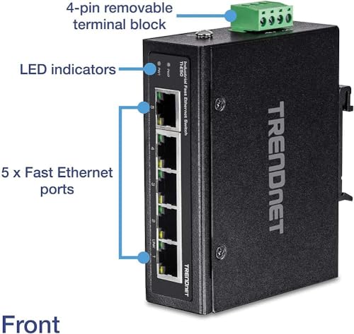 TRENDnet 5-Port Industrial Unmanaged Fast Ethernet DIN-Rail Switch, 5 x Fast Ethernet Ports, IP30, Operating Temperature Range of -40° – 75°C (-40° – 167°F), Lifetime Protection, Black, TI-E50