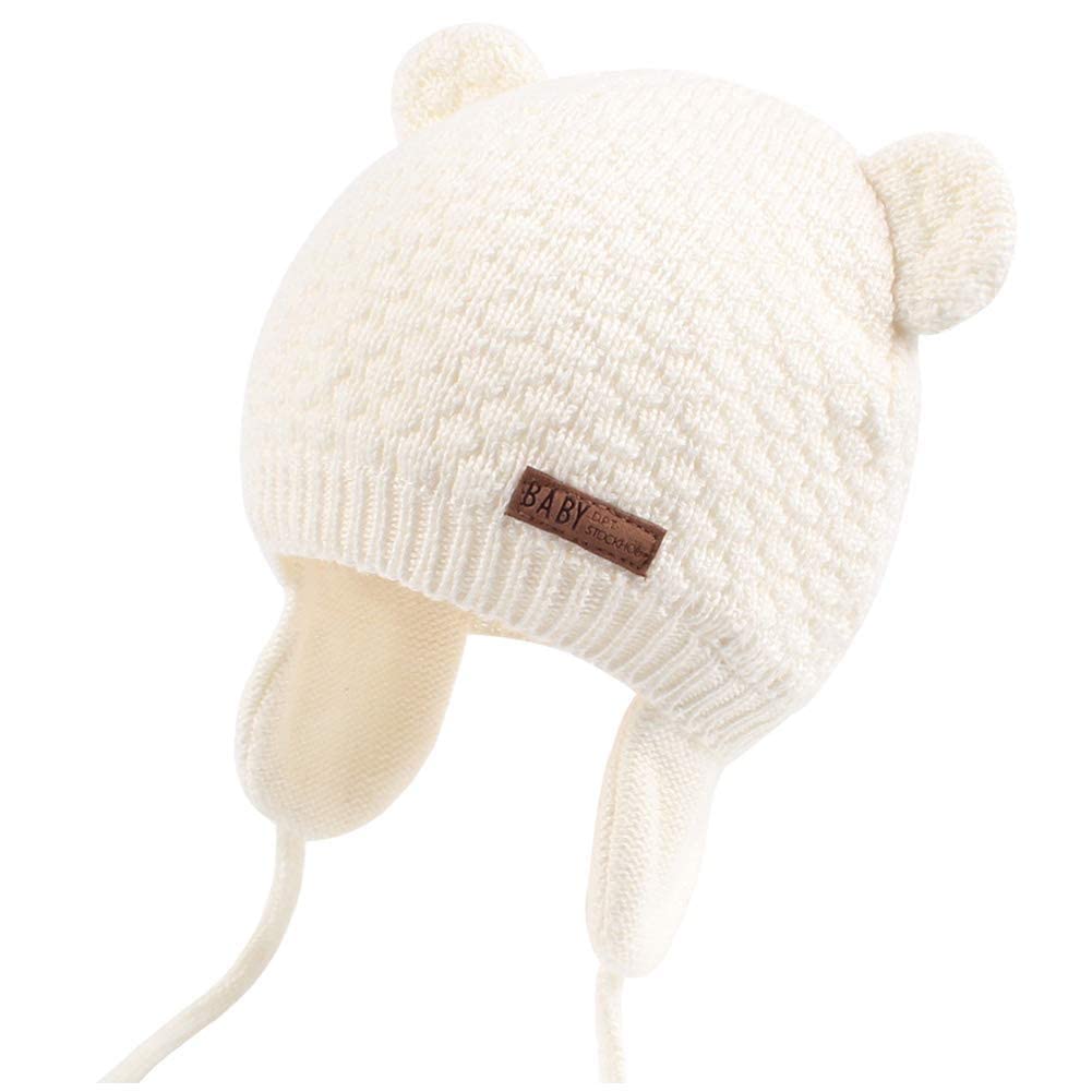 Duoyeree Baby Winter Hat Earflap Cotton Lining Knit Beanie Cap for Toddler Girl Boy (0-6 Month, White)
