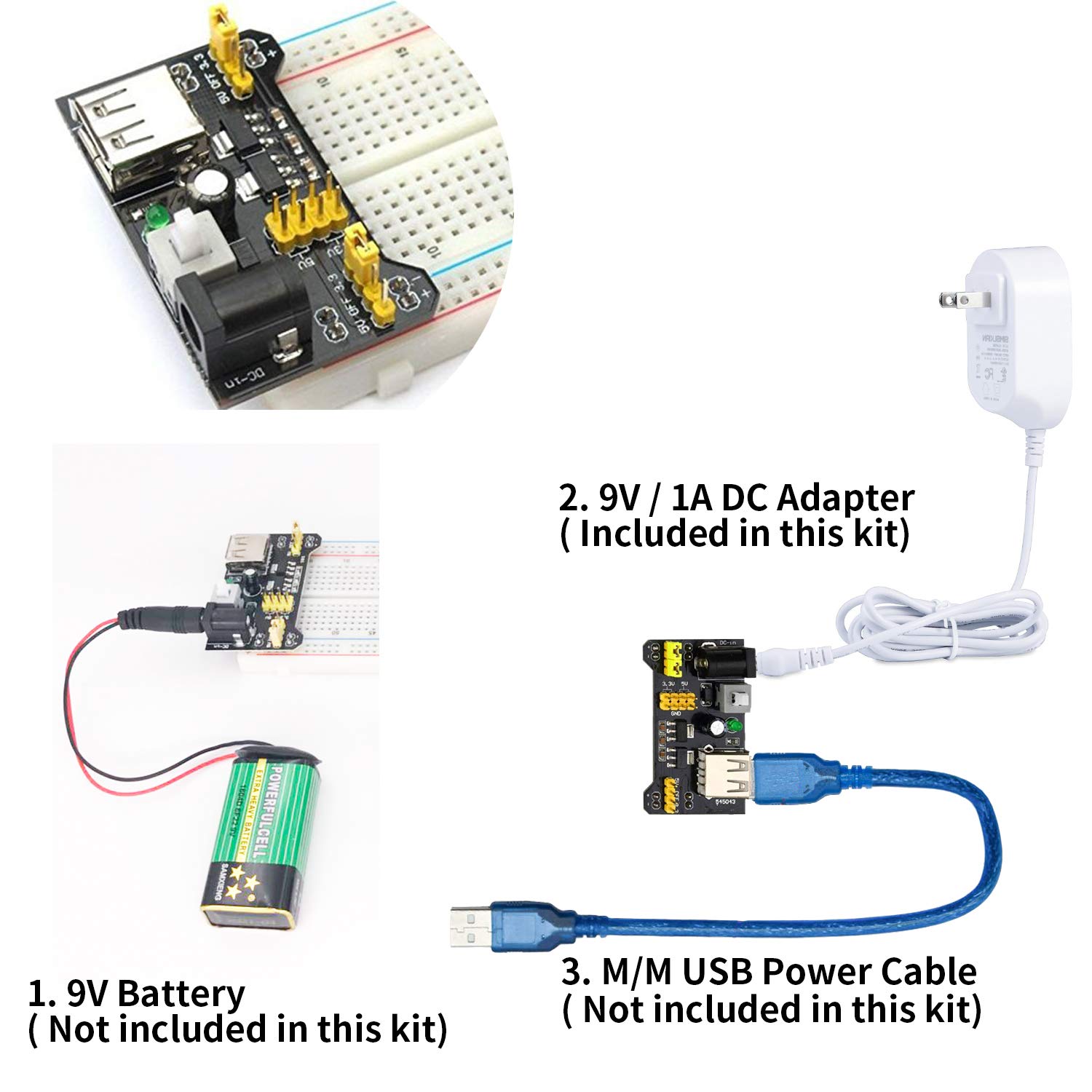 Testeronics 7 in 1 Breadboard Power Module Kit Compatible for Arduino/Raspberry Pi| 2PCS 3.3V/5V Power Supply Modules | 9V/1A Power Adaptor | 2PCS Solderless Breadboard 400 Points|65 PCS Jumper Wires