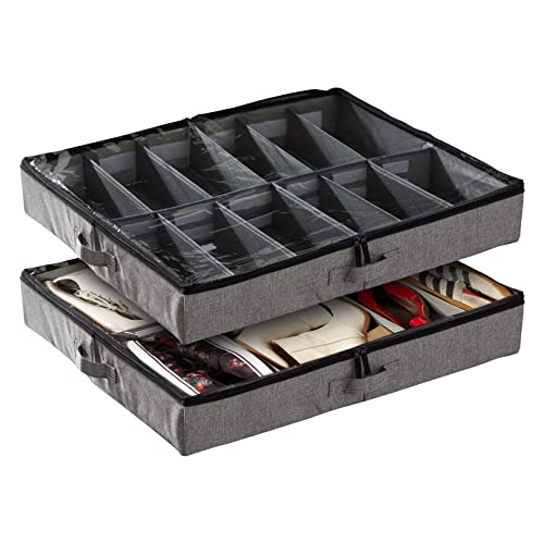 Low Profile Under Bed Shoe Storage Organizer, 4.5'' Tall and Fits Beds 5'' Off the Floor, Adjustable Dividers, Underbed Shoe Storage Solution - Set of 2 (Dark Grey)