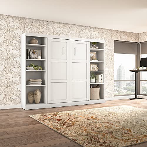 Bestar Pur Full Murphy Bed with 2 Shelving Units, 109-inch Space-Saving Wall Bed with Storage