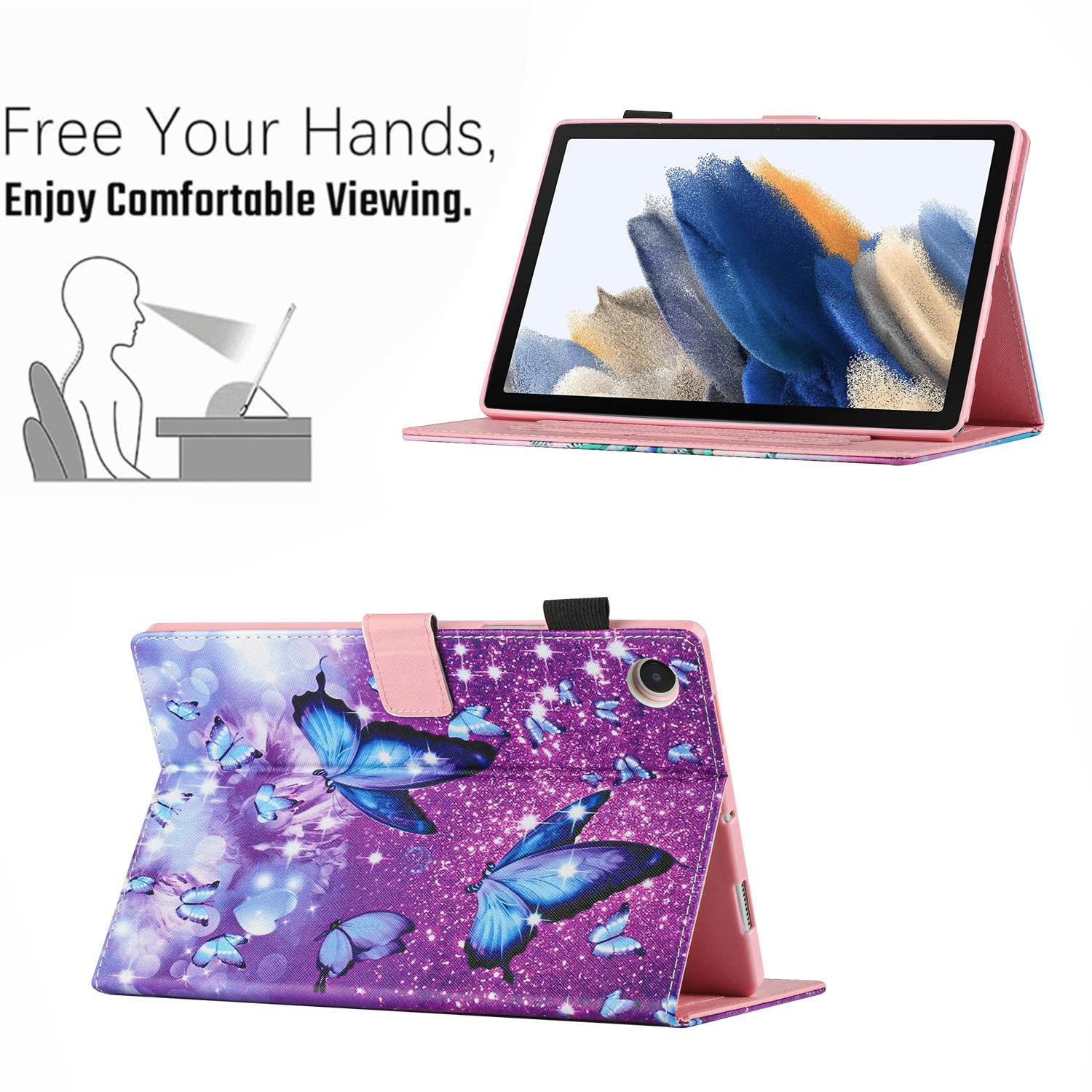 YUNHOTIC Case for Samsung Galaxy Tab A7 Lite 8.7 inch [ SM-T220/T225/T227 ] 2021 Model, Premium PU Leather Folding Stand Cover with Pen Holder & Multiple Viewing Angles - Purple Butterfly