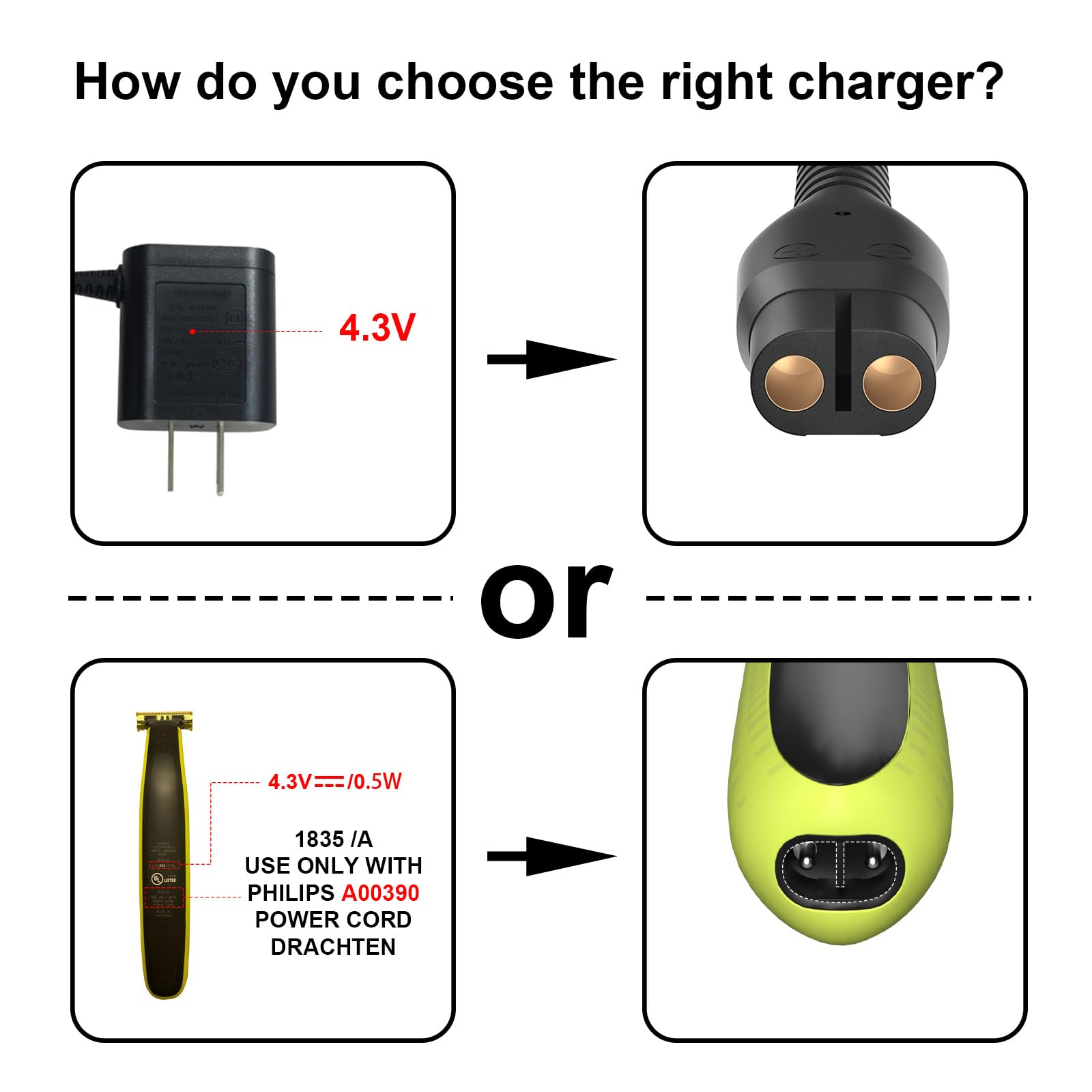 for Philips One Blade A00390 Power Cord, Charger for Norelco Oneblade QP2520 QP2510 QP2515 QP2525, Replacement Phillips Razor MG3740, QP2620, MG5720 Charging Cable (Brush, Ndicator Ligh)