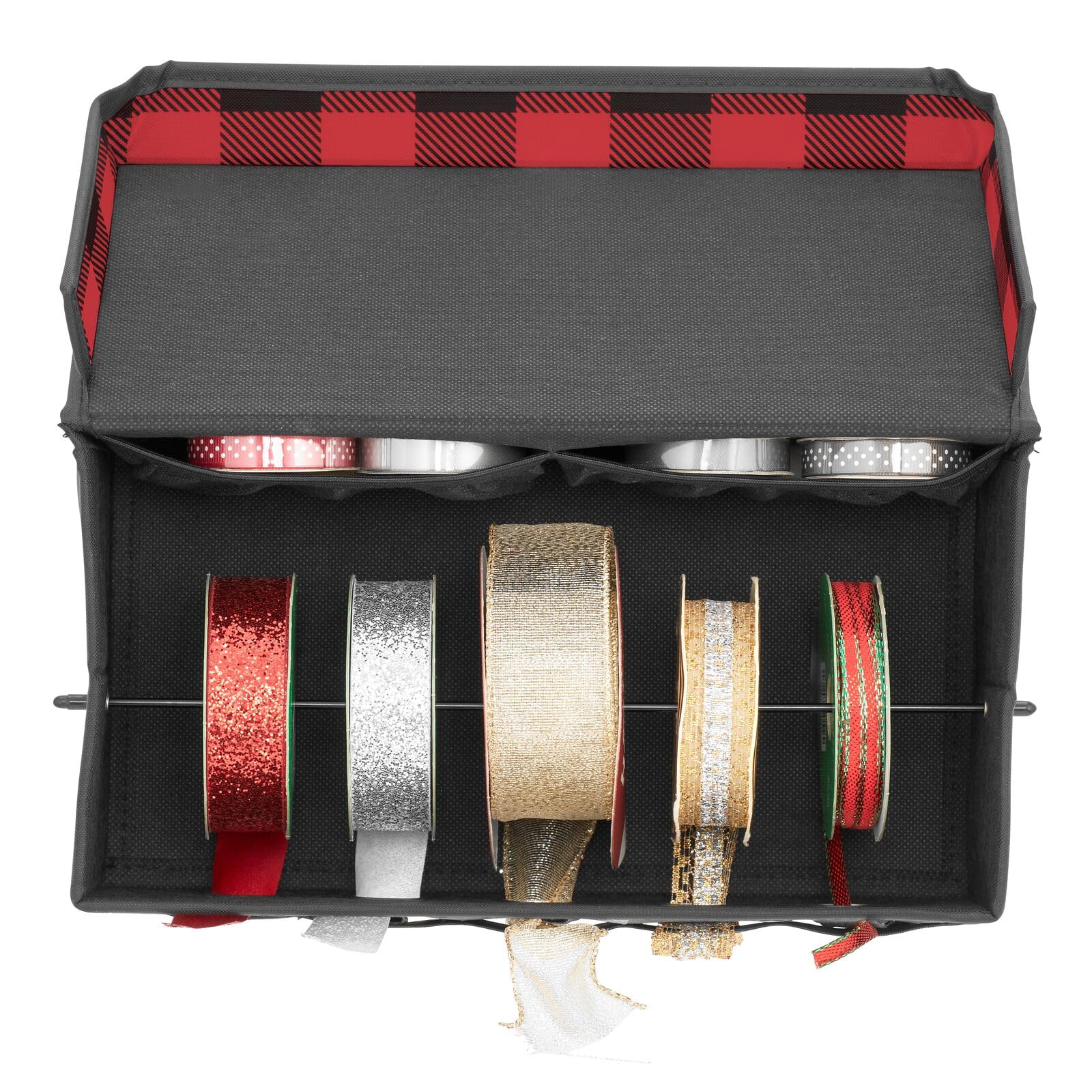 mDesign Gift-Wrapping Ribbon Storage Box with Handles - Holiday Bow Organizer Container with Lid - Christmas Giftwrap Ribbon Holder - Gift Storage Tote Bin and Bow Station - Buffalo Plaid Red/Black